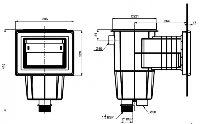 Pièces à sceller piscine : skimmers standard 15L vis métrique ou Parker